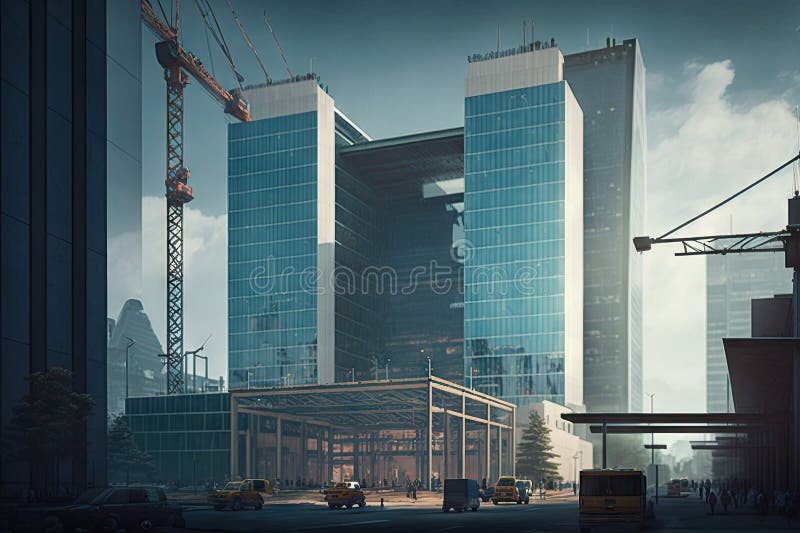 Glass Building Under Construction, with Towering Cranes and Bustling ...