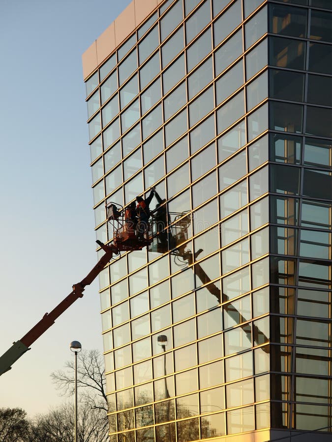 Glass Building Window Washers Cherry Picker Stock Image - Image of ...