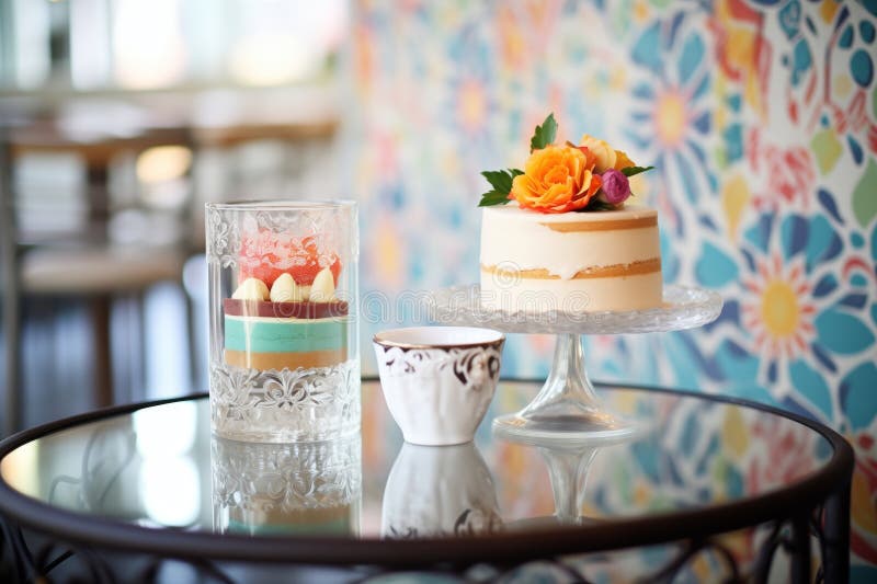 Glass Cake Display with Classic Pastries on Patterned Cafe Table Stock ...