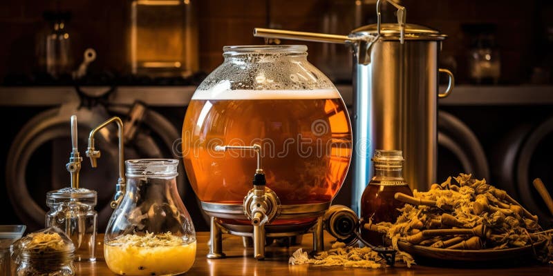 A Glass Carboy Full of Fermenting Beer, Surrounded by Brewing Equipment ...