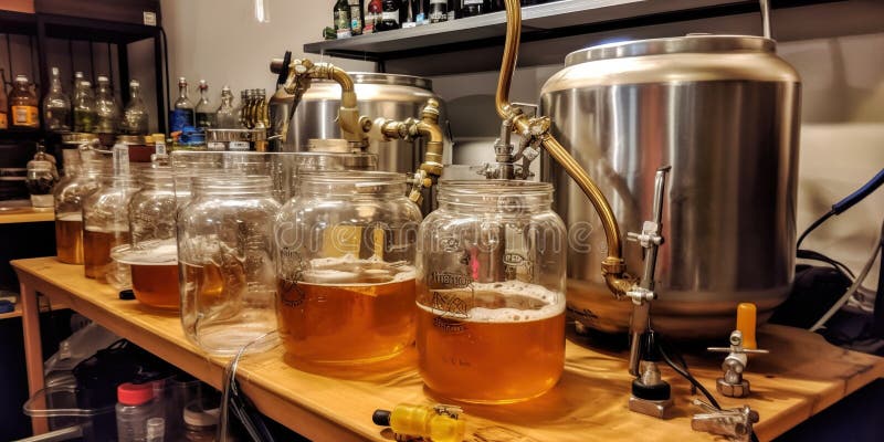 A Glass Carboy Full of Fermenting Beer, Surrounded by Brewing Equipment ...