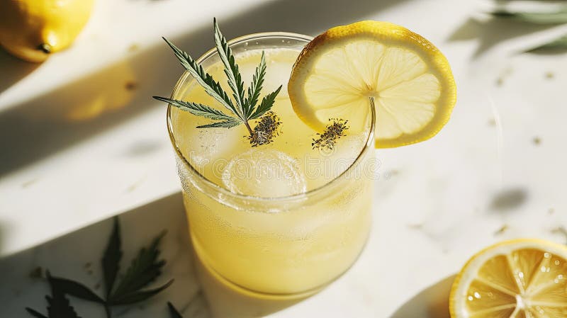 A Glass of CBD-infused Lemonade Styled with Lemon Slices and a Small ...