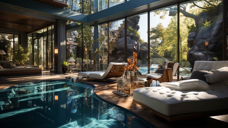 A Glass Ceiling Pool Room with Spa Interior Stock Image - Image of ...
