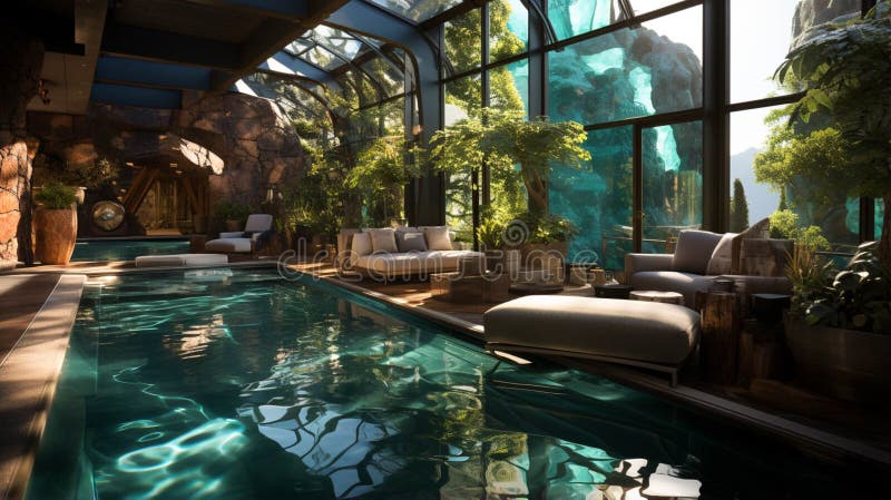 A Glass Ceiling Pool Room with Spa Interior Stock Photo - Image of ...