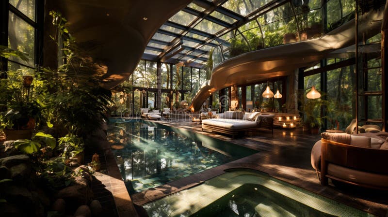 A Glass Ceiling Pool Room with Spa Interior Stock Photo - Image of home ...
