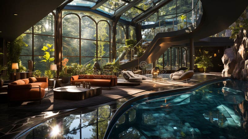 A Glass Ceiling Pool Room with Spa Interior Stock Image - Image of ...