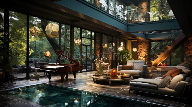 A Glass Ceiling Pool Room with Spa Interior Stock Image - Image of pool ...