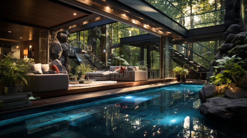 A Glass Ceiling Pool Room with Spa Interior Stock Image - Image of ...