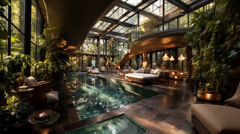 A Glass Ceiling Pool Room with Spa Interior Stock Photo - Image of ...