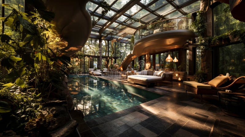 A Glass Ceiling Pool Room with Spa Interior Stock Photo - Image of ...