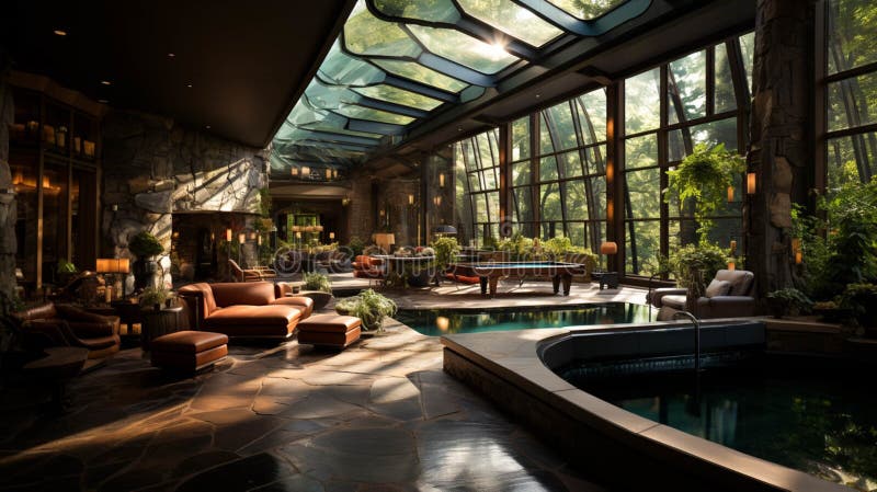 A Glass Ceiling Pool Room with Spa Interior Stock Photo - Image of ...