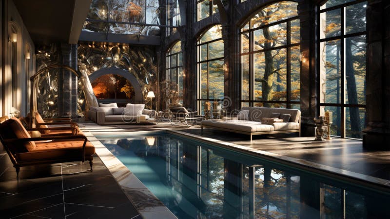 A Glass Ceiling Pool Room with Spa Interior Stock Photo - Image of ...