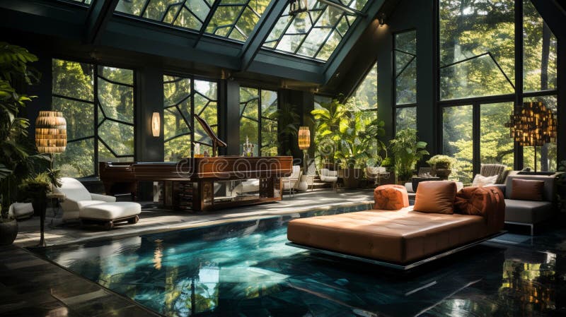 A Glass Ceiling Pool Room with Spa Interior Stock Image - Image of room ...