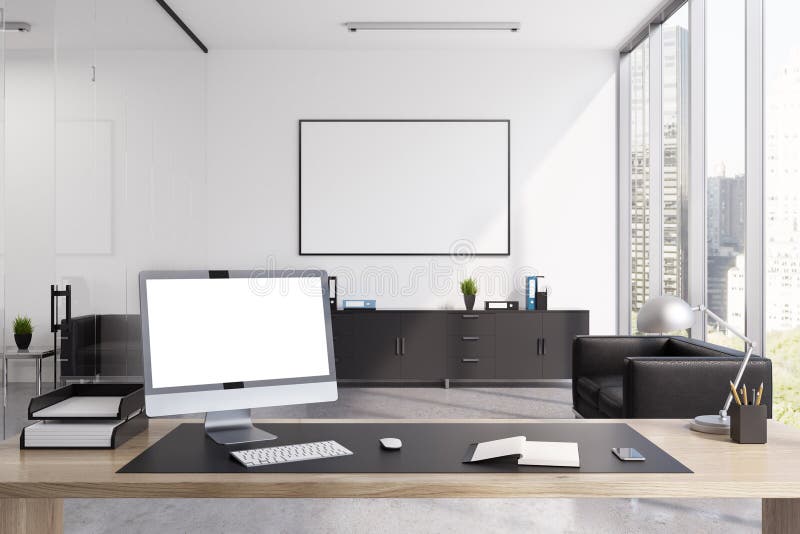 Glass CEO office, computer stock illustration. Illustration of space ...