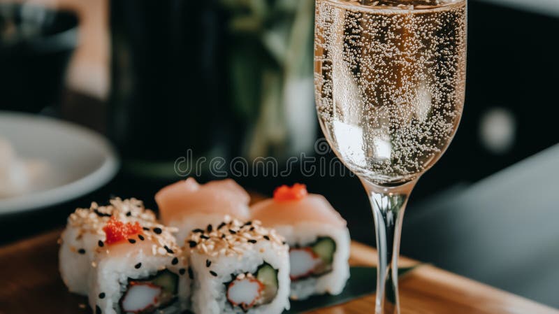 A Glass of Champagne and an Assortment of Sushi Rolls Stock Photo ...