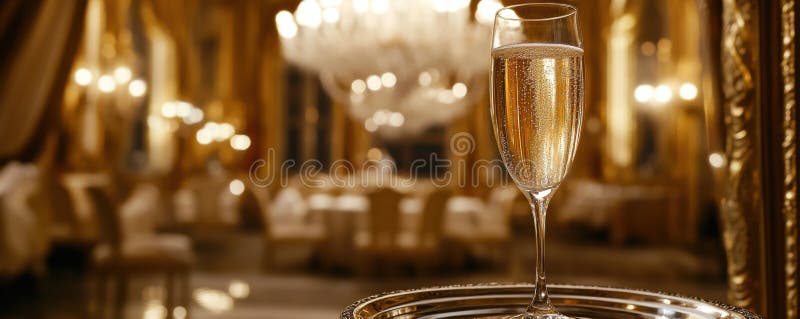 A Glass of Champagne with Fine Bubbles Resting Elegantly on a Tray in a ...