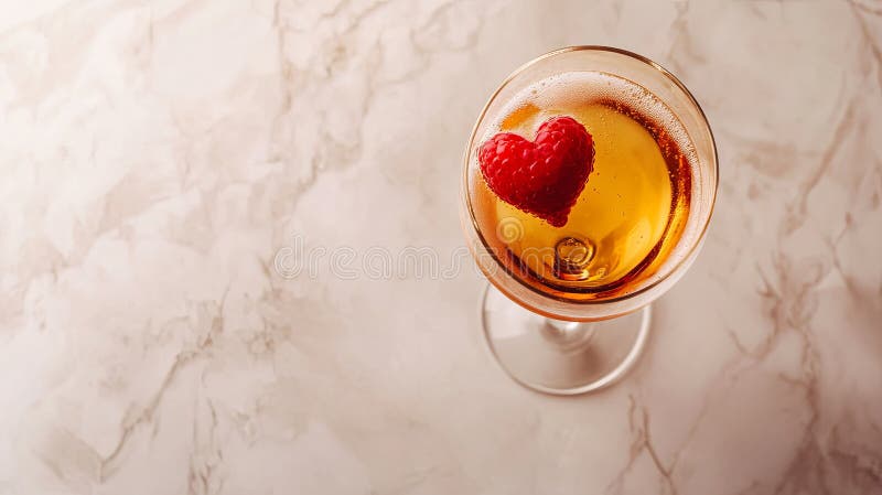 A Glass of Champagne with a Heart-shaped Raspberry Garnish, Placed on ...