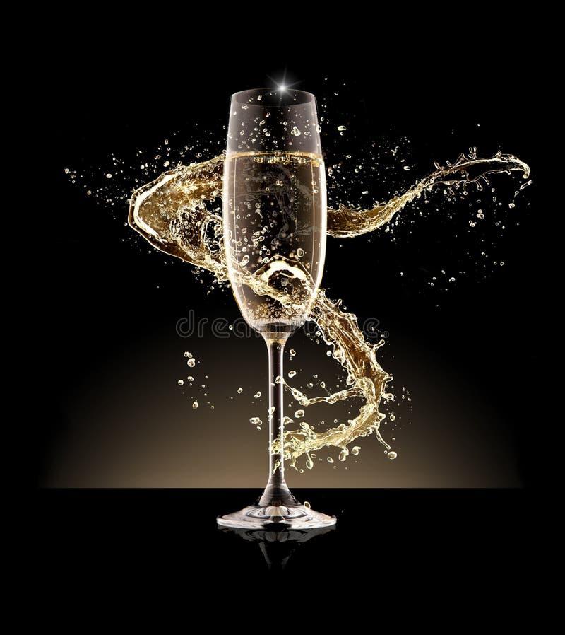 Glass of Champagne with Splash, Isolated on Black Stock Image - Image ...