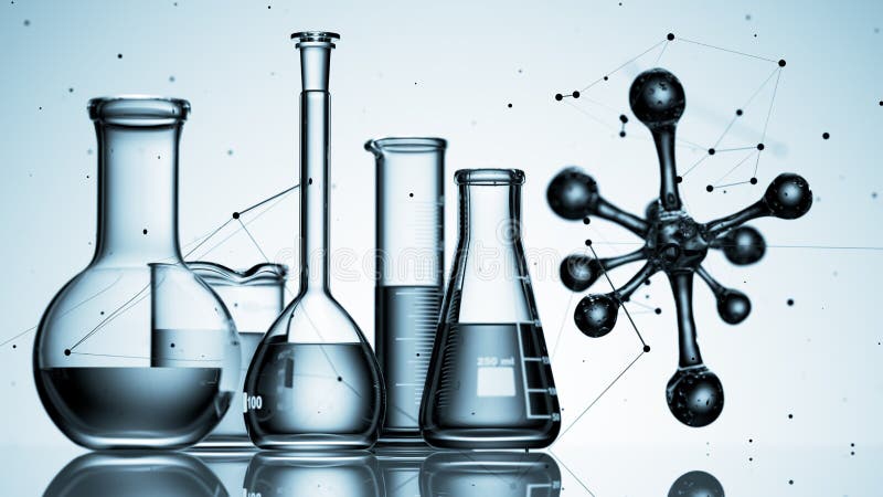 Glass Chemistry Lab Equipment on Blue Background. Chemistry Lab Concept ...