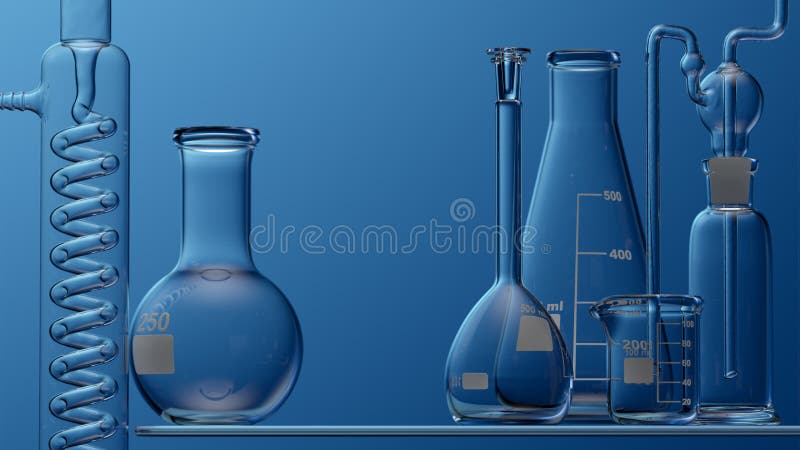 Glass Chemistry Lab Equipment on Blue Background. Chemistry Lab Concept ...
