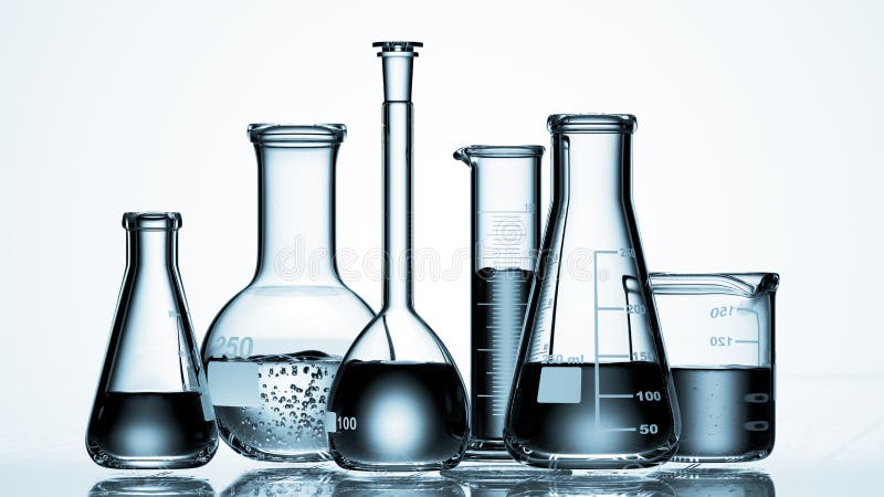 Glass Chemistry Lab Equipment on Blue Background. Chemistry Lab Concept ...