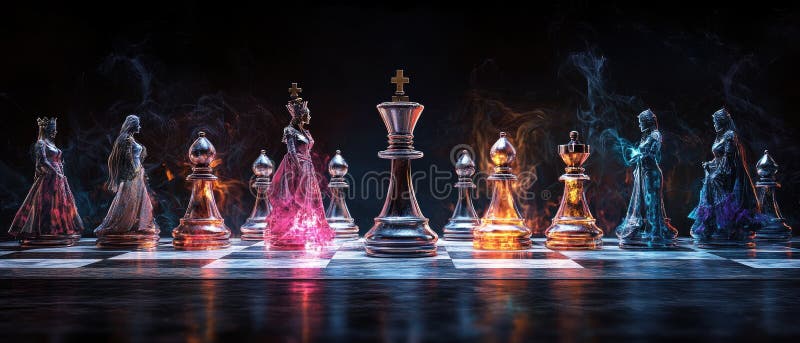 "GLASS CHESS PIECES on a BOARD, ENGULFED in COLORFUL SMOKE and FIRE ...
