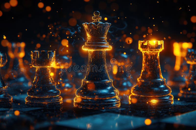 Glass Chess Pieces Shining on a Chessboard in a Dark Environment Stock ...