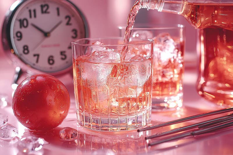 Refreshing Beverage with Ice and a Clock in a Cozy Environment Stock ...