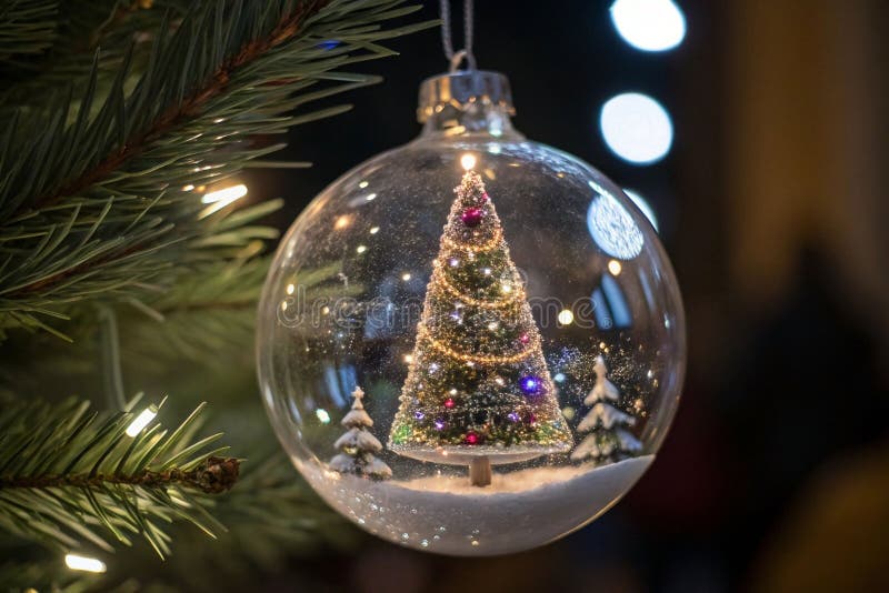 Glass Christmas Bauble with Miniature Snow Scene and Illuminated Tree ...