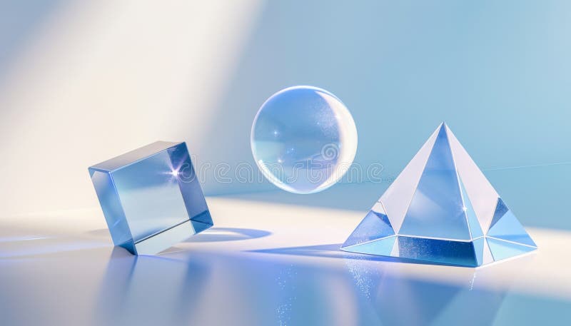 Glass Circle Cube and Pyramid. 3D Transparent Geometric Shapes Stock ...
