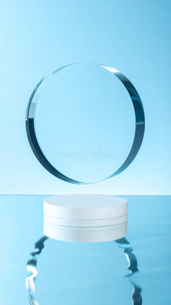 Glass Circle on White Platform, Blue Reflective Background Stock ...