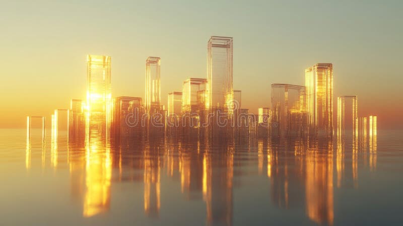 Glass City at Sunset Reflection Stock Illustration - Illustration of ...