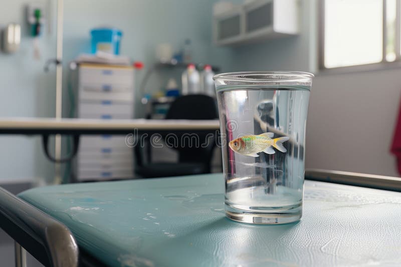Glass of Clear Water with Fish Inside on a Vets Examination Table Stock ...
