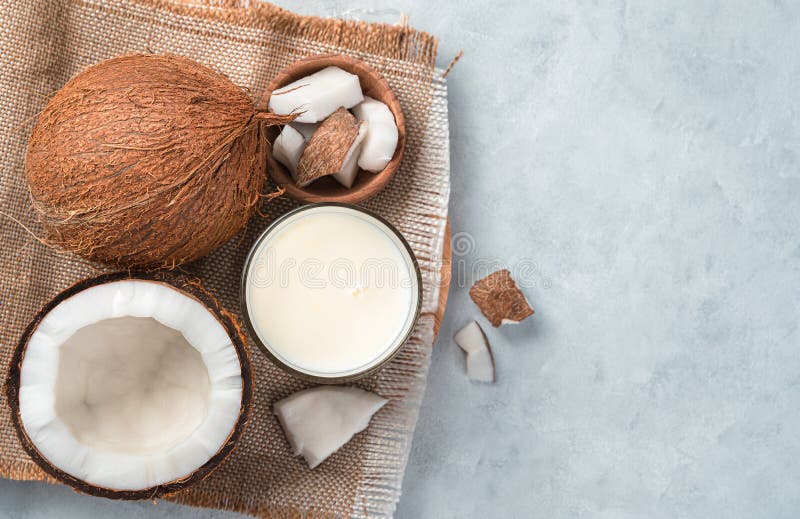 Coconut Milk, Flour and Coconuts on a Blue Background. Stock Image ...
