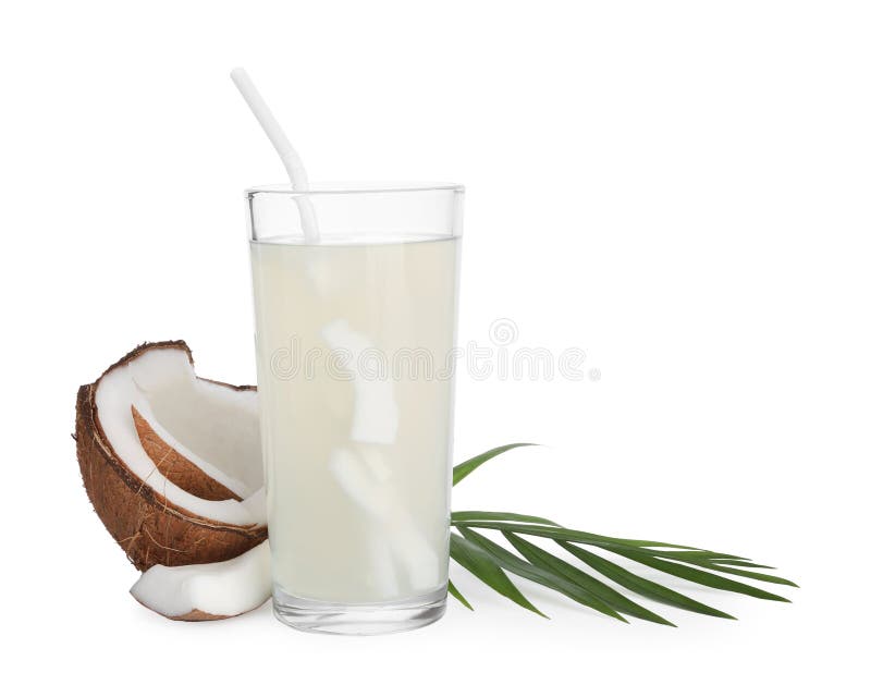 Glass of Coconut Water, Leaf and Nut Isolated on White Stock Photo ...