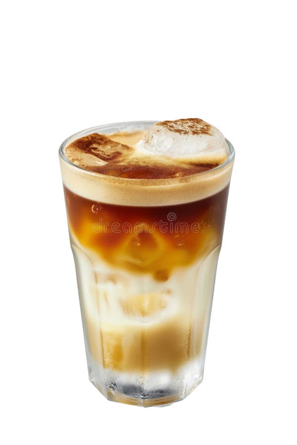 A Glass of Coffee with Ice Cubes and a Brown Foam on Top. the Foam is ...
