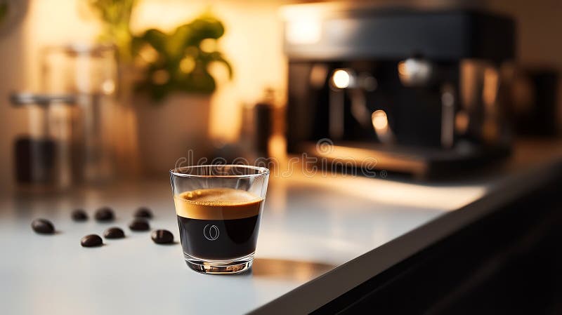A Glass of Coffee Sits on a Counter Next To a Coffee Maker Stock ...