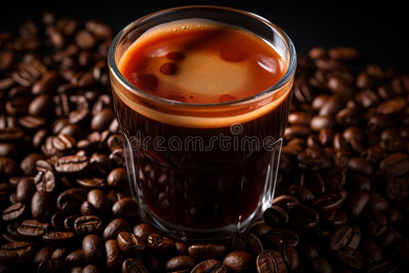 A Glass of Coffee Sitting on Top of a Pile of Coffee Beans Stock ...