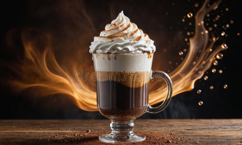 A Glass of Coffee with Whipped Cream and Cinnamon Sits on a Wooden ...