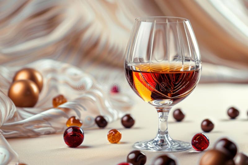 Glass of Cognac Standing on Table with Chocolate and Christmas ...