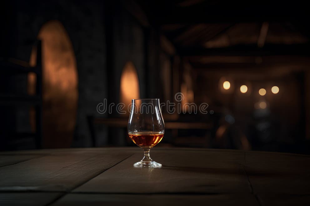Glass of Cognac on the Table in the Cellar of Traditional Winery Stock ...