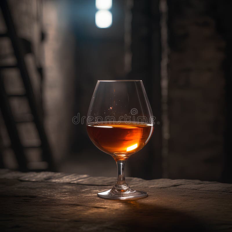 Glass of Cognac on the Table in the Cellar of Traditional Winery Stock ...