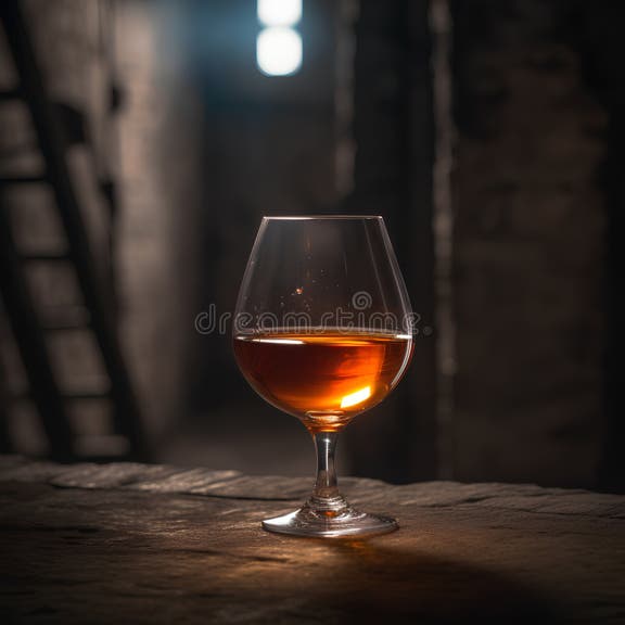 Glass of Cognac on the Table in the Cellar of Traditional Winery Stock ...