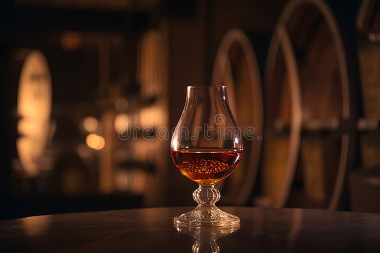 Glass of Cognac on the Table in the Cellar of Traditional Winery Stock ...