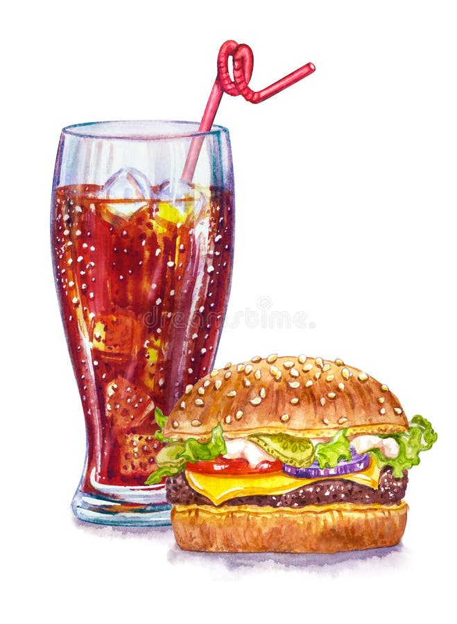 Glass With Cola And Burger Watercolor Illustration Stock Image