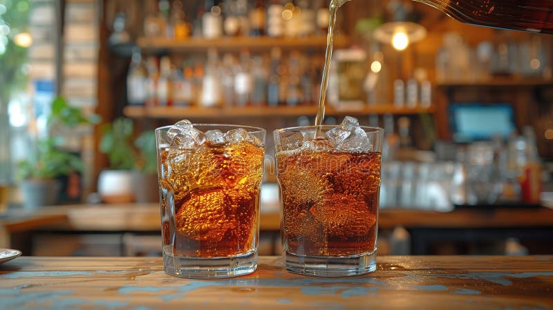 Glass of Cola Drink on Bar Counter with Ice Cubes and Splash Stock ...