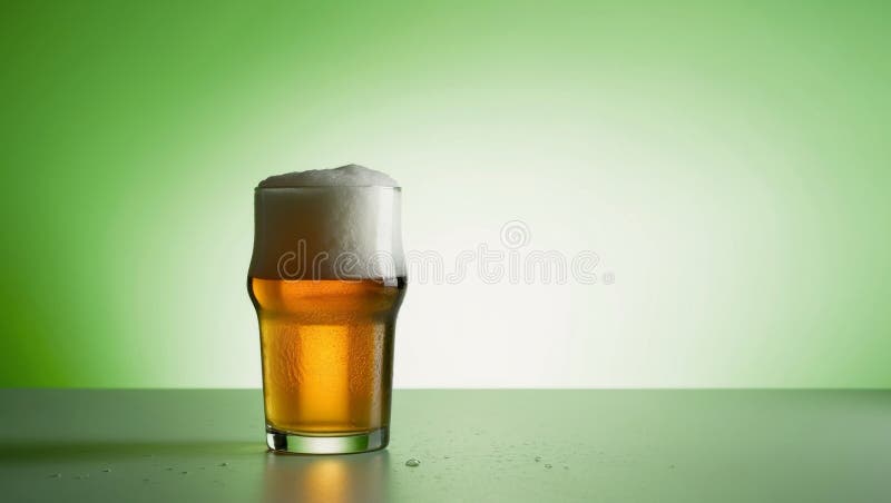 Glass of Cold Beer with a Head of Foam on a Green Background. Stock ...