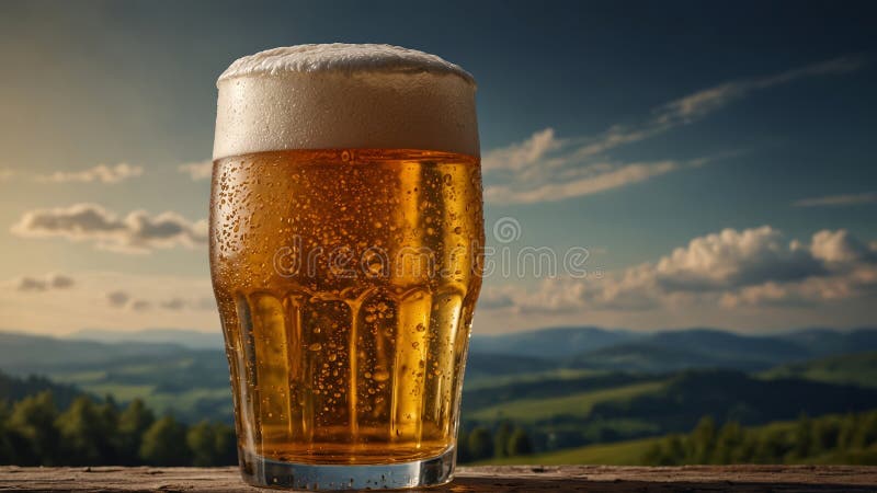Glass of Cold Beer Sitting on Table with Scenic Mountain View at Sunset ...