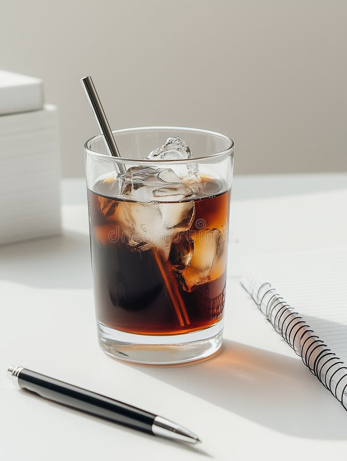 Glass of Cold Brew with Ice on a White Desk. Ideal for Work and Study ...