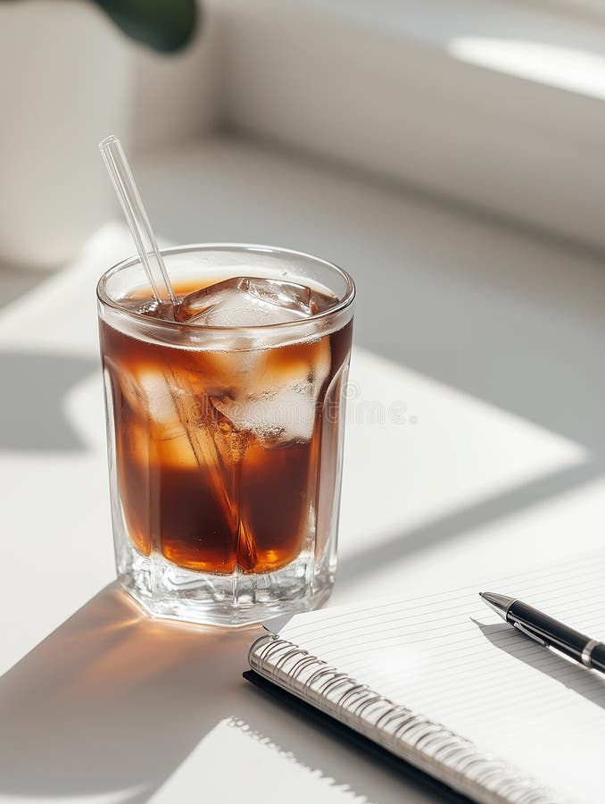 Glass of Cold Brew with Ice on a White Desk. Ideal for Work and Study ...